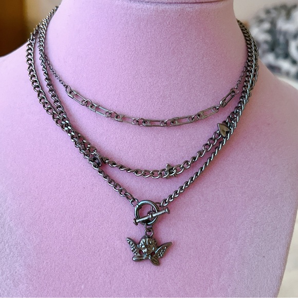 Jewelry | Gunmetal Angel Choker Cherub Set 3 Heart Safety Pin Toggle ...